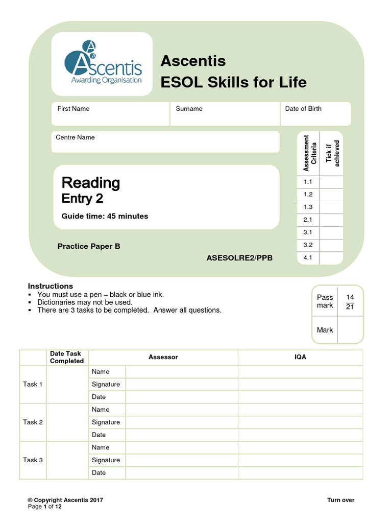 Entry 2 - ESOL - Reading - Assessment Paper - Practice Paper B | PDF