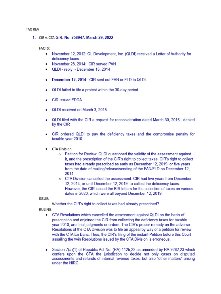 CIR v. QL Development Tax Case Summary | PDF | Legal Liability ...