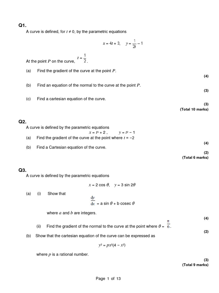 Parametric Equations Questions | PDF | Equations | Mathematical Physics