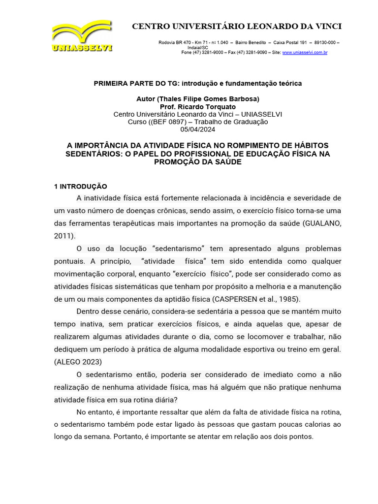 Tcc Thales Barbosa Pdf Física Educação Física