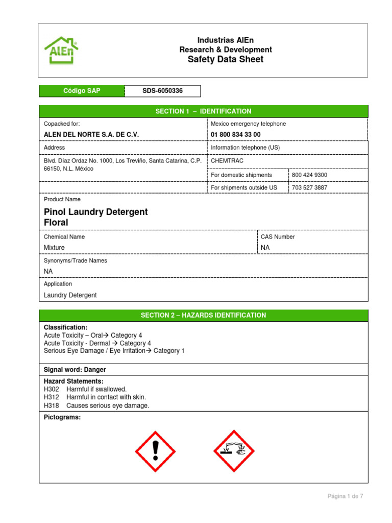HDS Pinol Floral 2020 | PDF | Sodium | Personal Protective Equipment