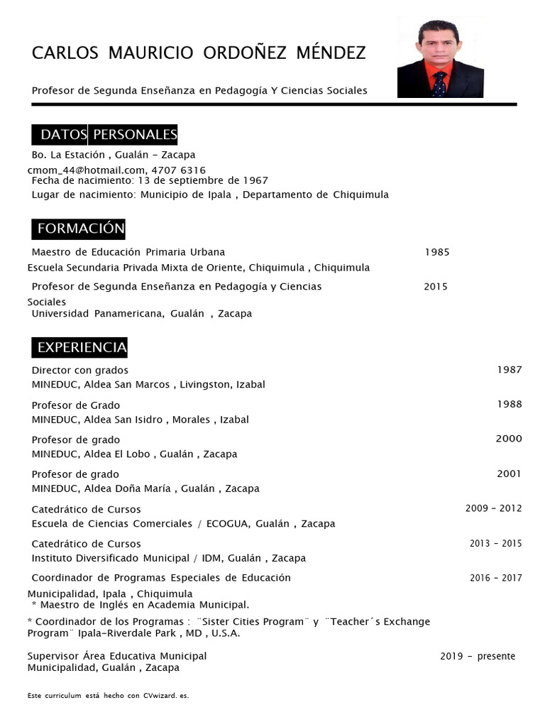CV Carlos Mauricio Ordoñez Méndez | PDF | Maestros | Educación Secundaria