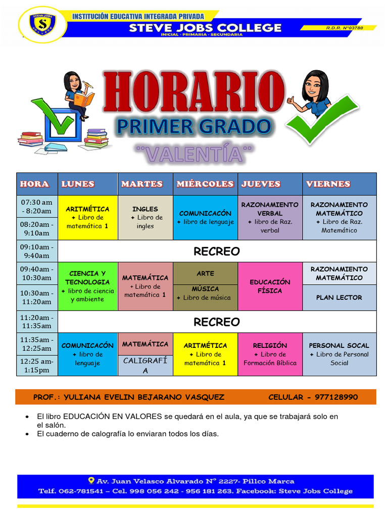 Horario 1 Grado Valentia - Miss Yuliana Bejarano | PDF