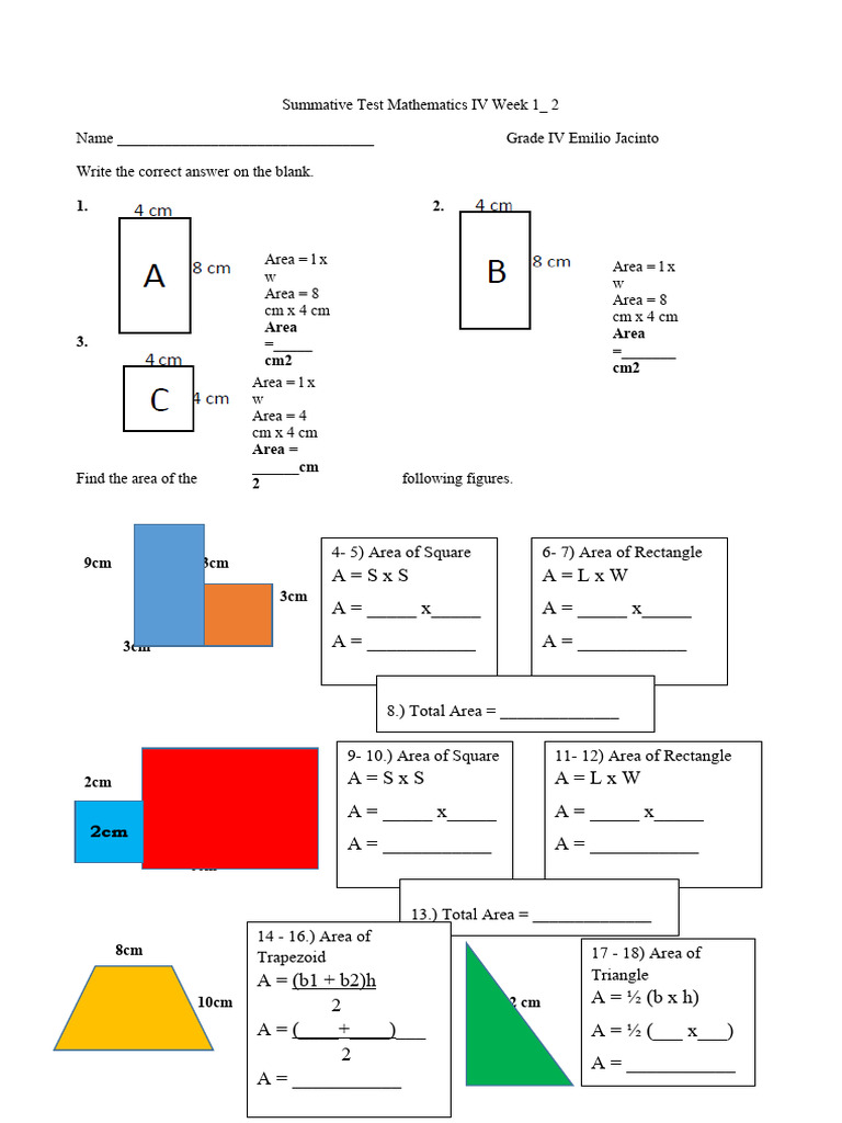 Area Calculation Test for Grade IV | PDF | Area | Geometric Shapes
