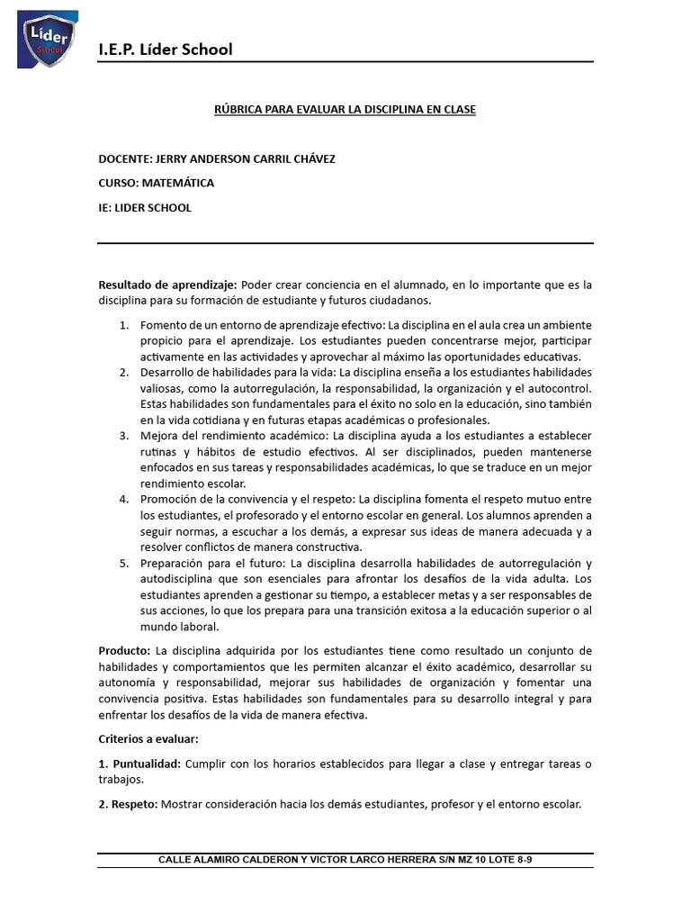 Rúbrica para Evaluar Disciplina Escolar | PDF | Disciplinas | Maestros