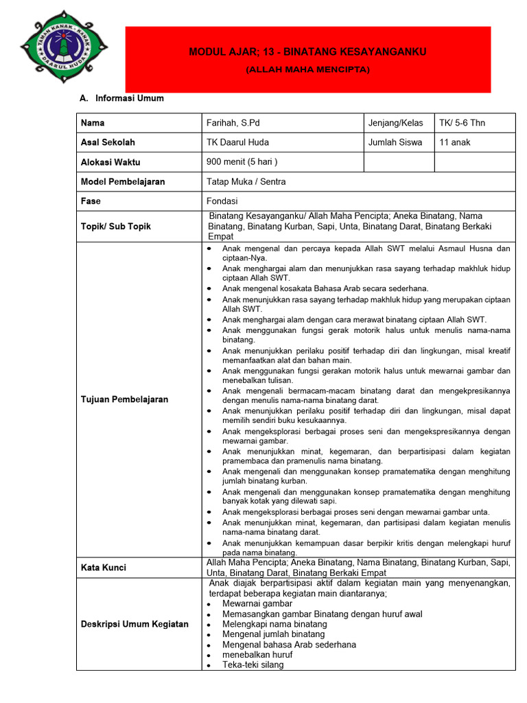 Modul Ajar PAUD Binatang Kesayangan | PDF