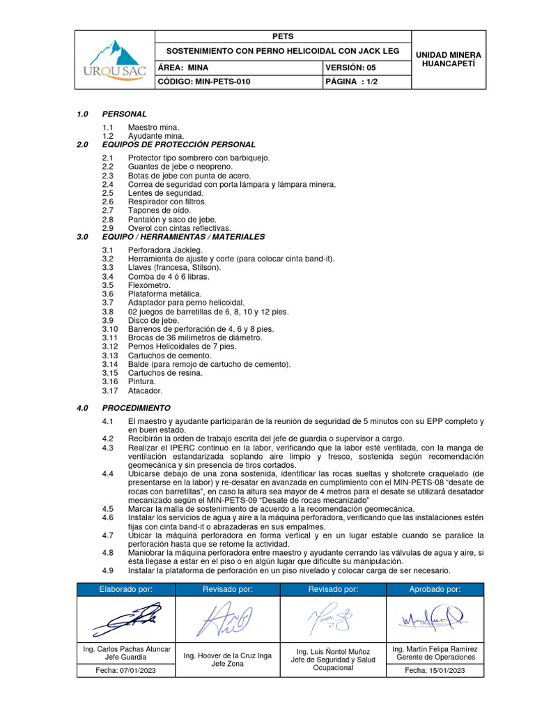 MIN-PETS-010 Sostenimiento Con Perno Helicoidal Con Jack Leg | PDF ...