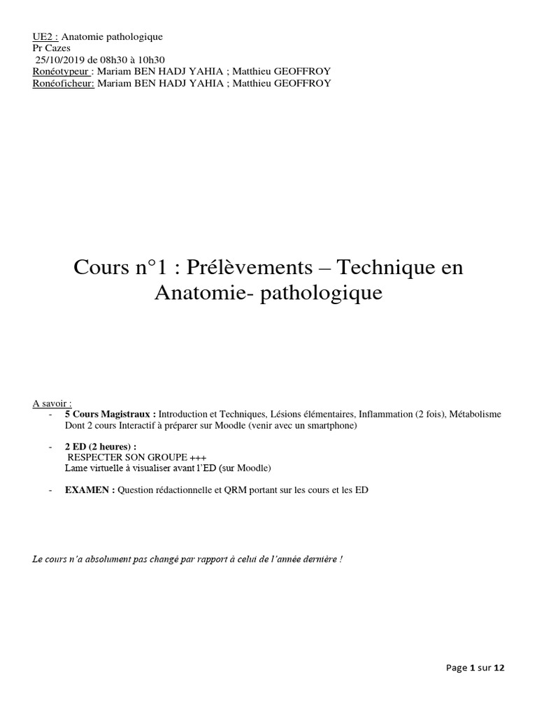 p2 Ronéo 5 Ue2 Cours 1 Prélèvement Et Technique en Anatomopathologie | PDF | Biopsie | Médecine ...