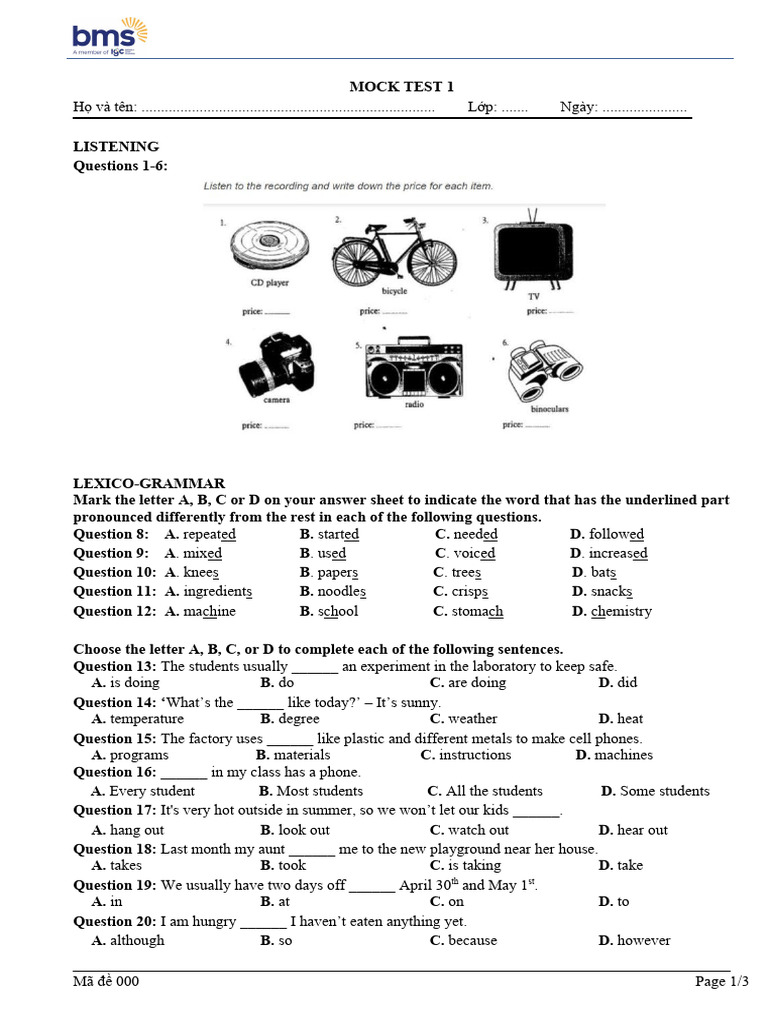 English Mock Test for Students | PDF