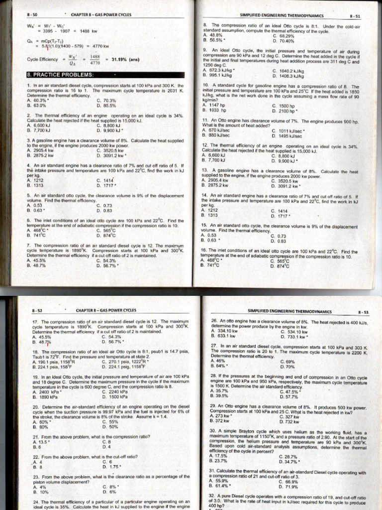 Engine Cycle Practice Problems | PDF