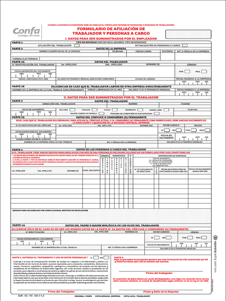 Formulario de Afiliacion Trabajador y Personas A Cargo Rev Mar 16 15 ...