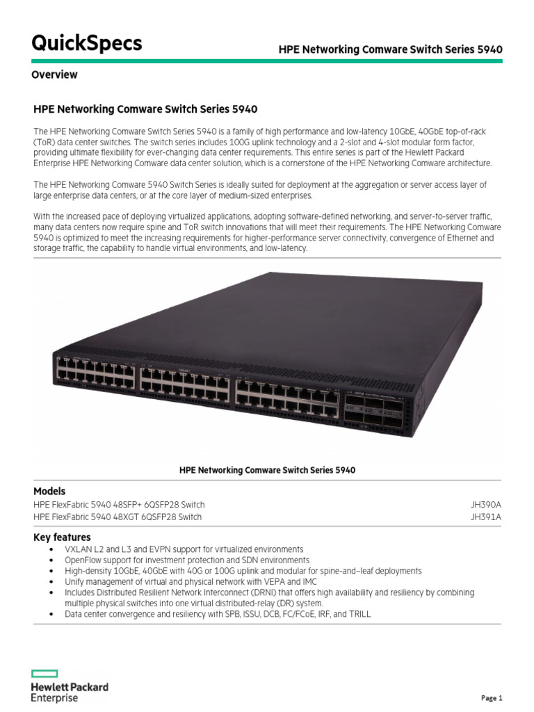 HPE Networking Comware Switch Series 5940-c05158726 | PDF | Computer Network | Network Switch