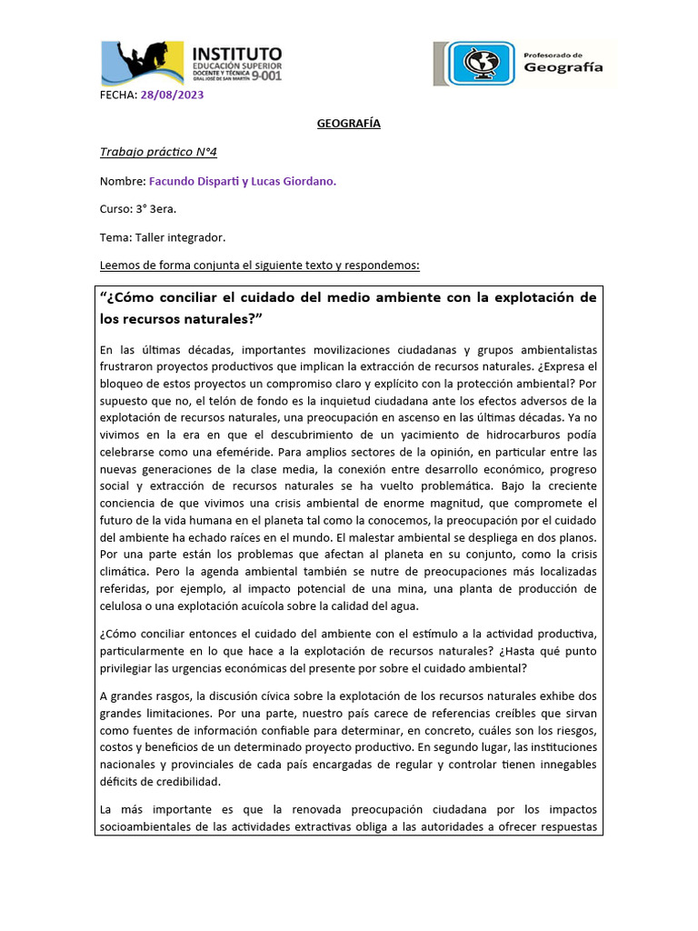 TP Nº4 (Geografia) Facundo Disparti y Lucas Giordano | PDF | Entorno natural | Desarrollo sostenible