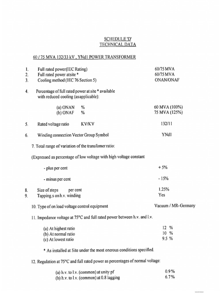 Technical Data Sheets 75MVA 132-11KV PT | PDF