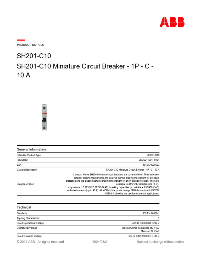 SH201-C10 Miniature Circuit Breaker 10A | PDF | Electrical Engineering ...