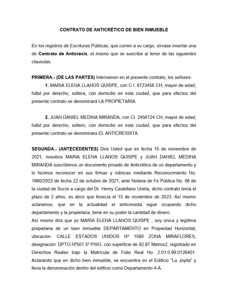 Contrato de Anticretico Bolivia | PDF