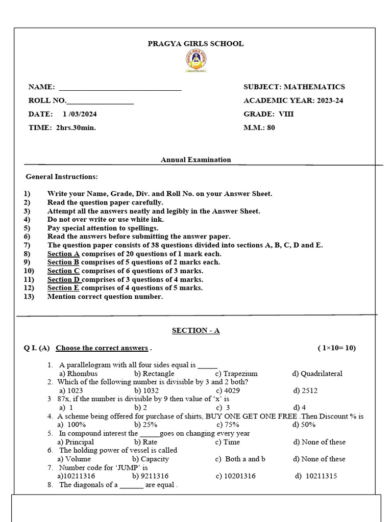 Class 8 Maths Annual Exam Paper 2024 | PDF | Area | Euclidean Geometry