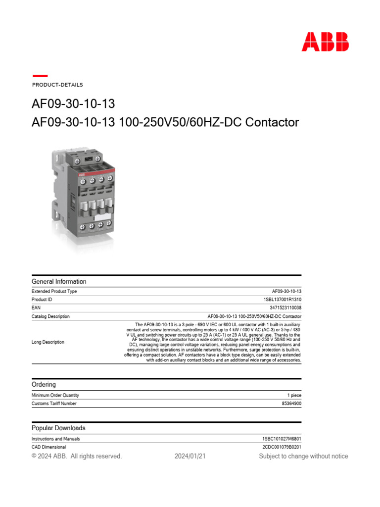 AF09-30-10-13 Contactor Datasheet | PDF | Inductor | Mains Electricity