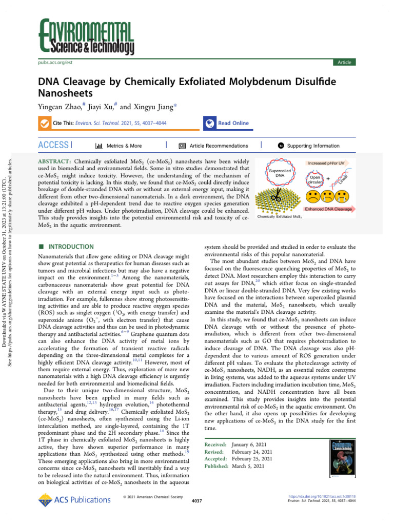 Zhao Et Al 2021 Dna Cleavage by Chemically Exfoliated Molybdenum Disulfide Nanosheets | PDF ...