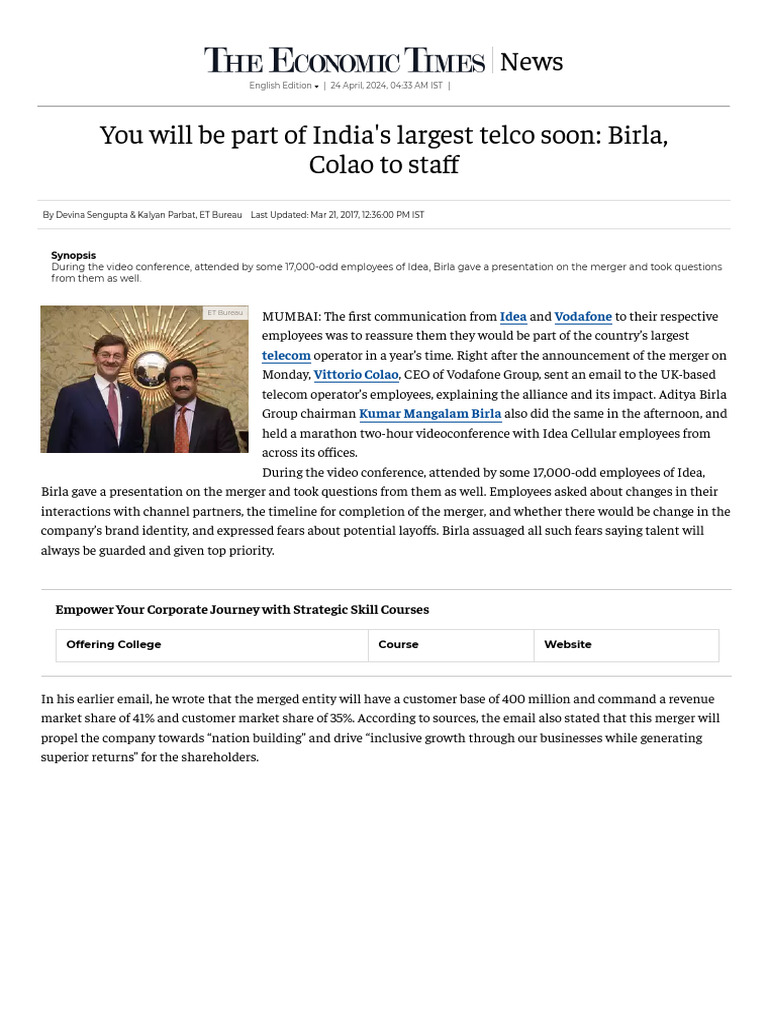 Idea and Vodafone Merger Employee Update | PDF | Mergers And Acquisitions | Business Economics