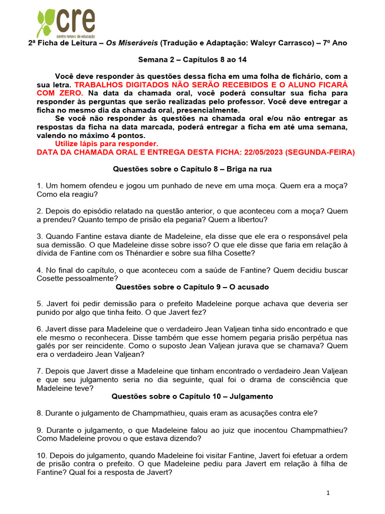 2 Ficha - Os Miseráveis | PDF | Cosette | Os Miseráveis