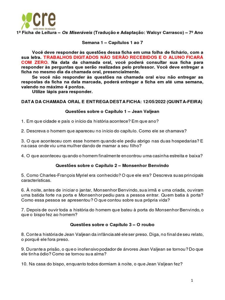 1 Ficha - Os Miseráveis | PDF | Cosette