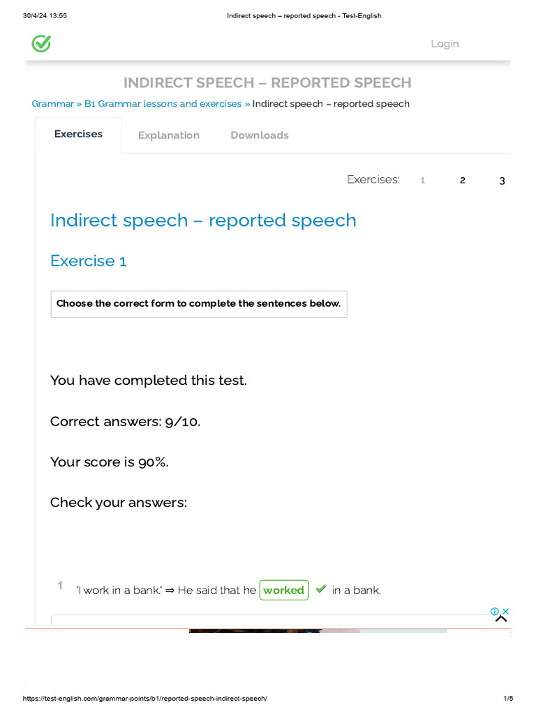 Indirect Speech – Reported Speech - Test-English | PDF | Linguistic ...