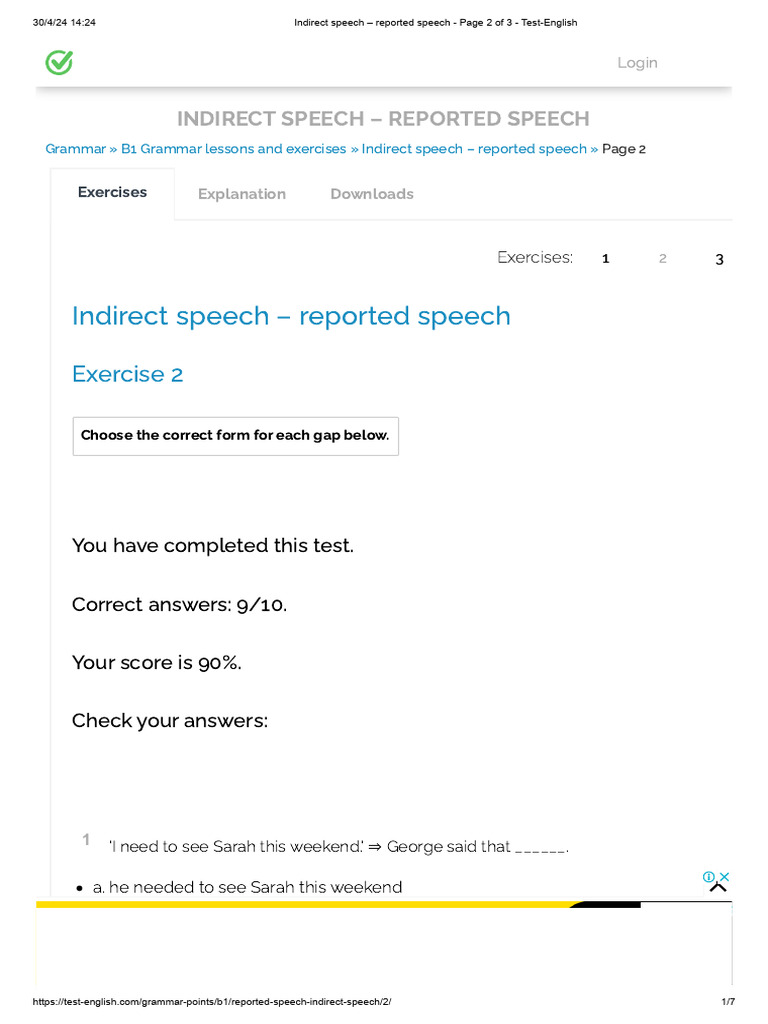 Indirect Speech - Reported Speech - Page 2 of 3 - Test-English | PDF ...