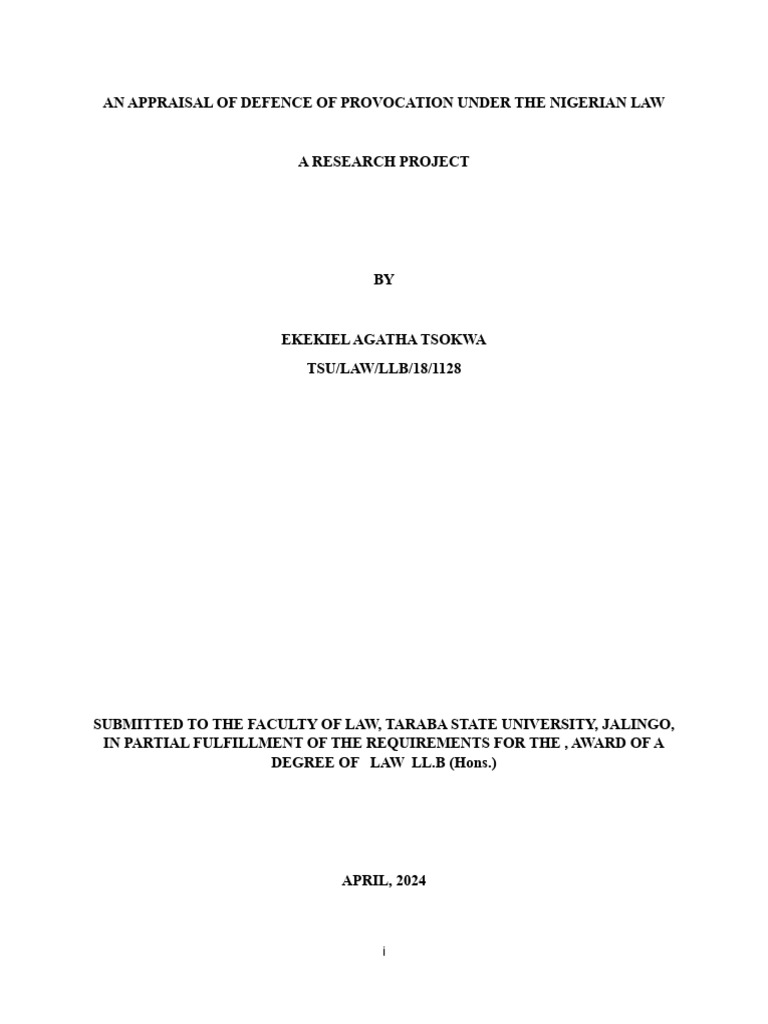 AN APPRAISAL OF DEFENCE OF PROVOCATION UNDER THE NIGERIAN LAW - aGTATA ...