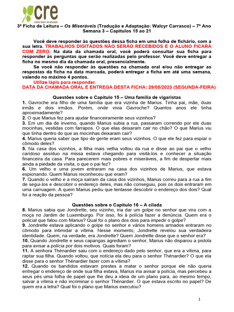 3 Ficha - Os Miseráveis | PDF | Cosette | Personagens de Victor Hugo