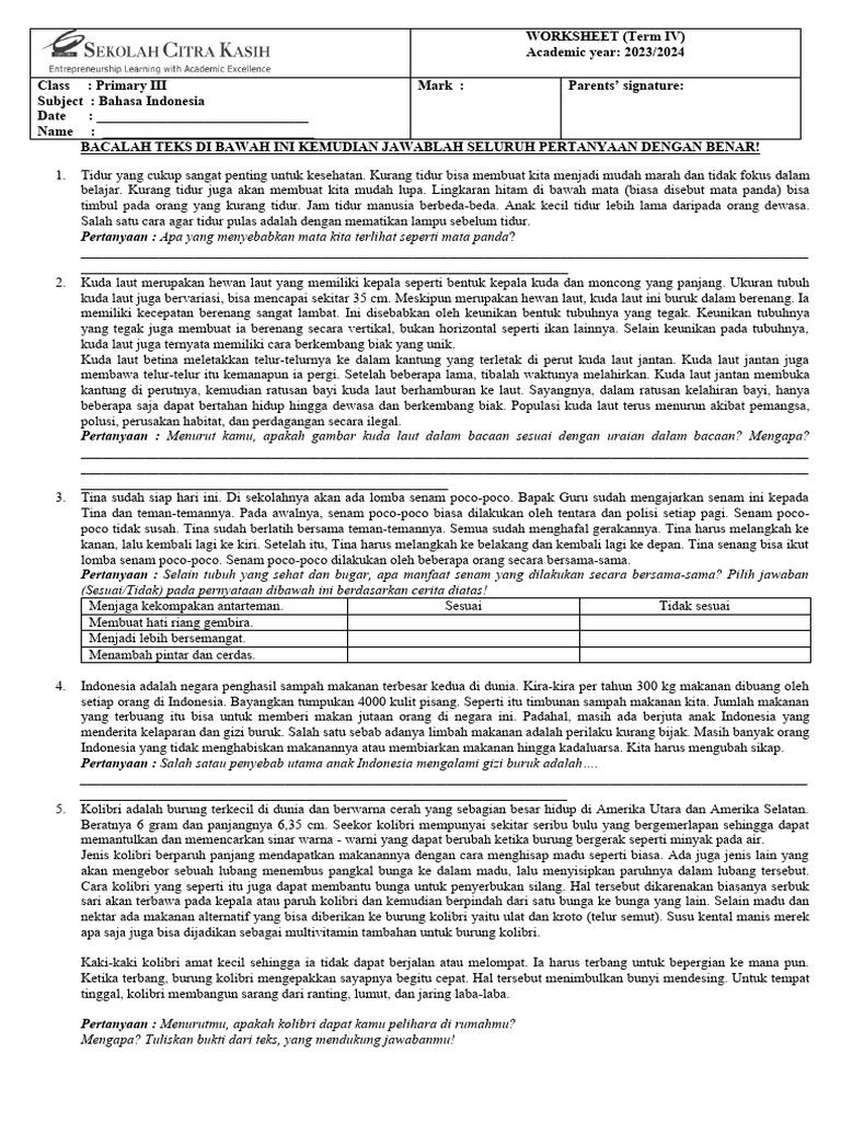 Worksheet Bindo | PDF | Kesehatan Holistik