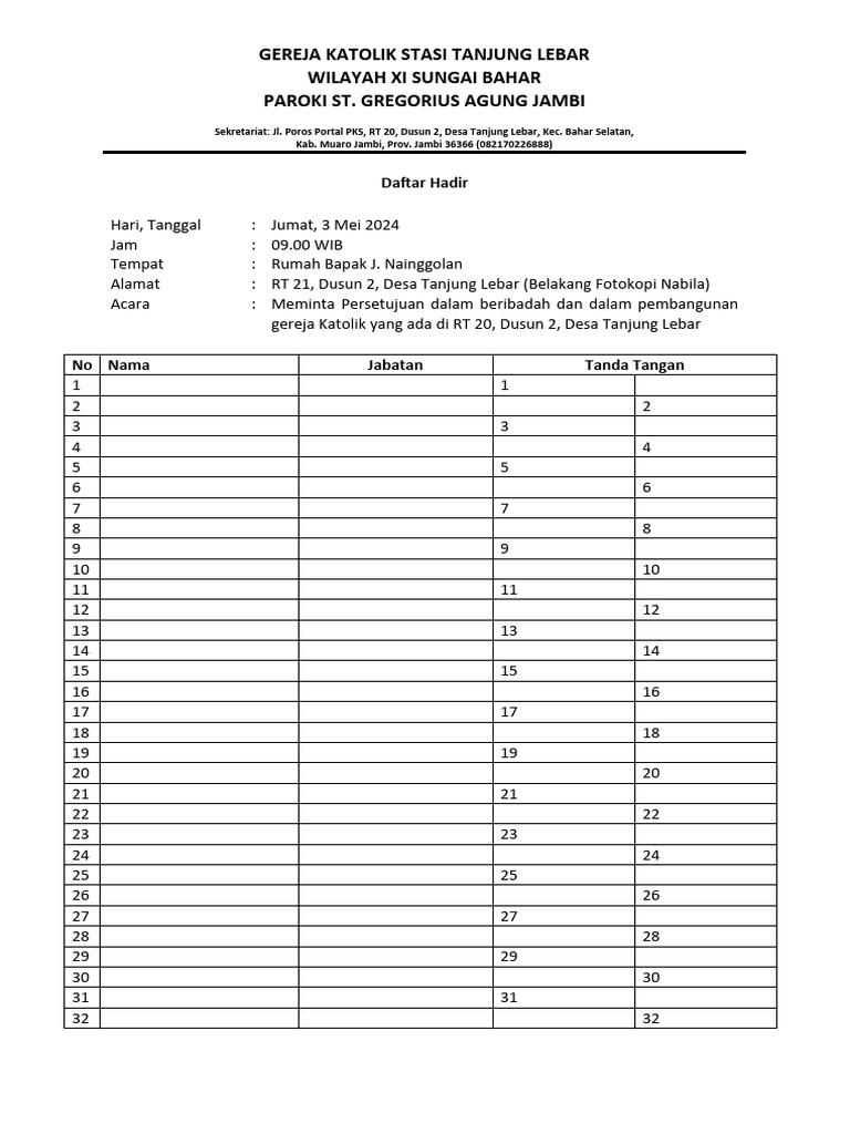 GEREJA KATOLIK ST Tanjung Lebar Daftar Hadir | PDF
