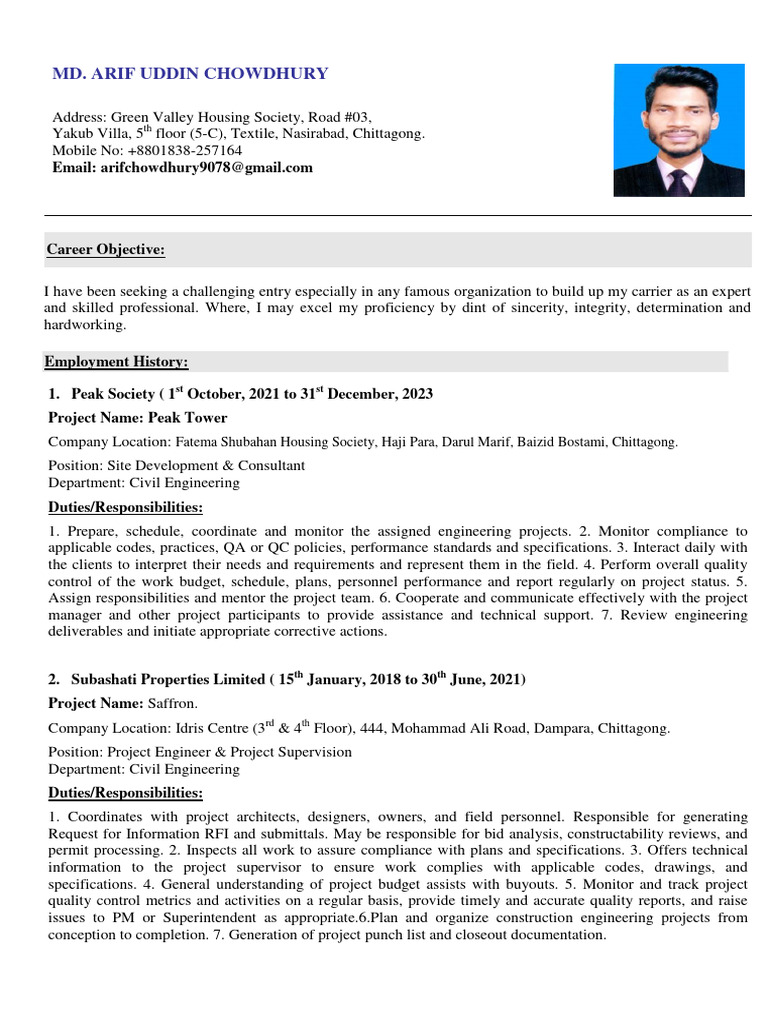 Civil Engineer Resume of Arif Chowdhury | PDF | Specification (Technical Standard) | Engineering