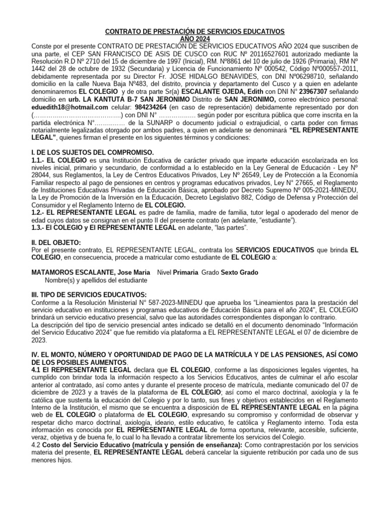 Contrato Servicios Educativos 2024 | PDF | Documento de identidad ...