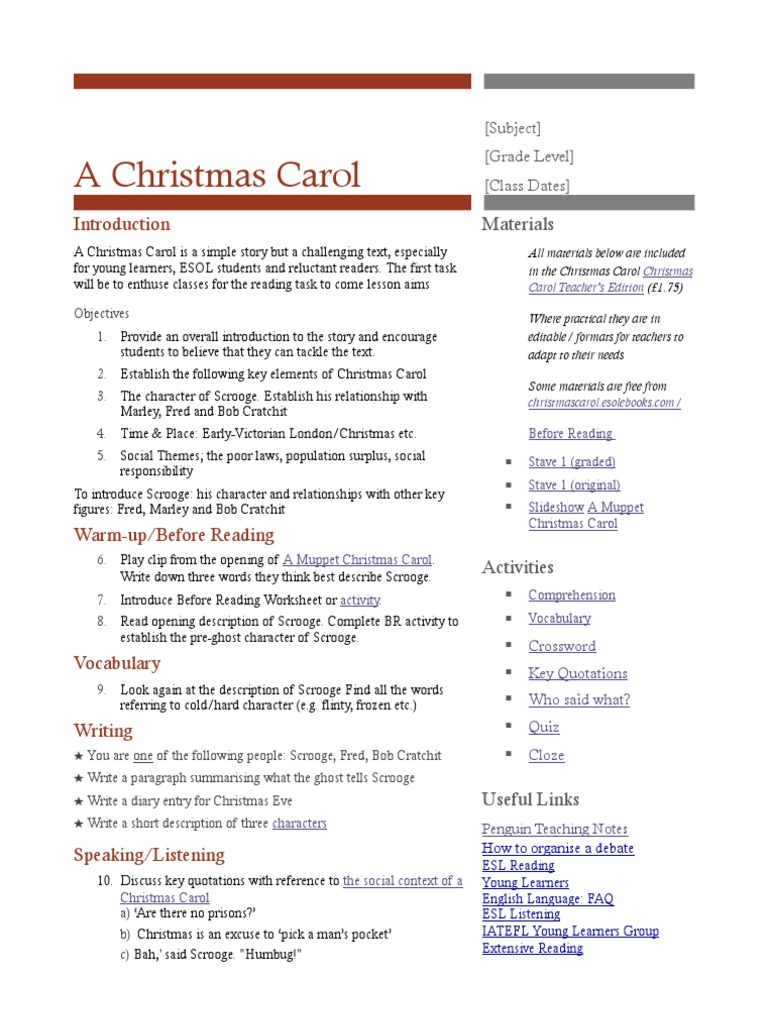 A Christmas Carol: Teaching Notes | PDF