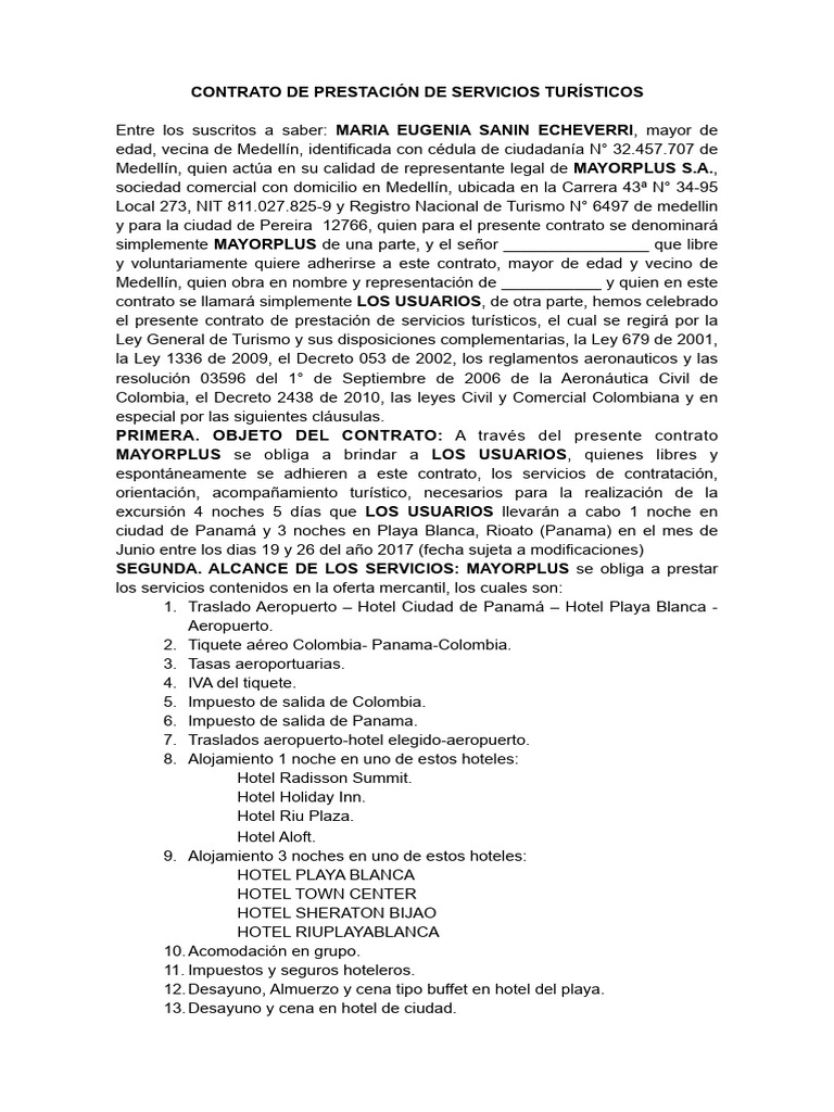 Contrato Prestacion de Servicios Turisticos 1 | Descargar gratis PDF | Documento de identidad