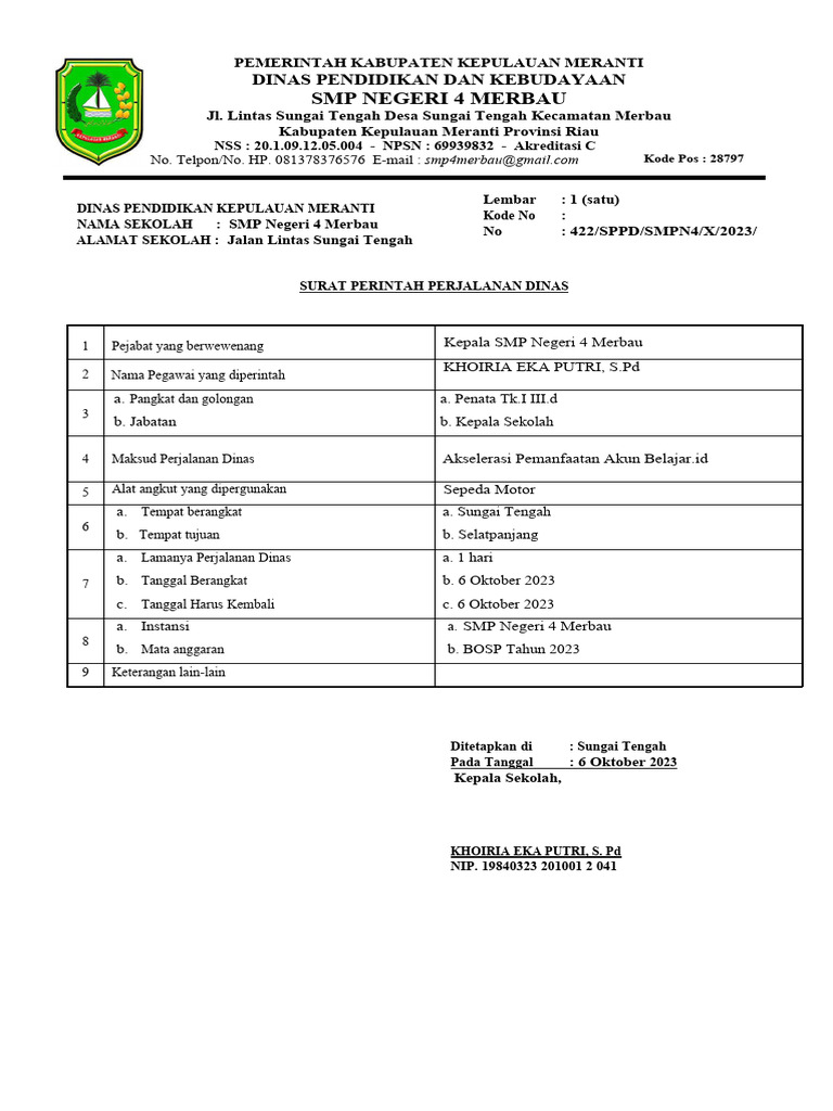 Perintah Dinas SMPN 4 Merbau 2023 | PDF