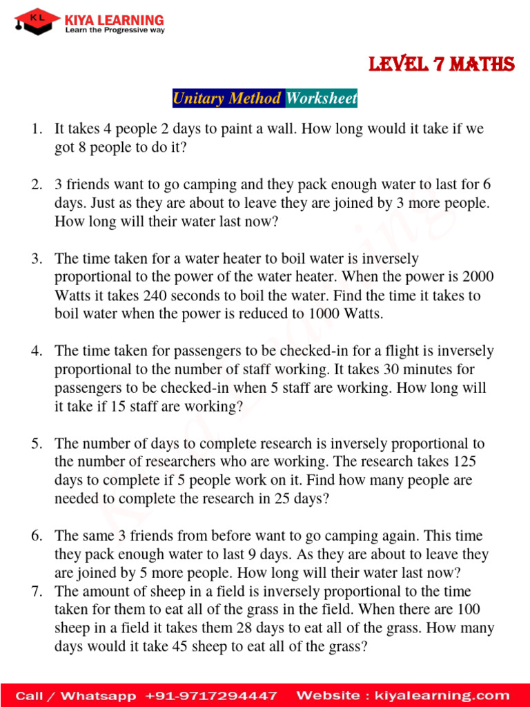 Level 7 Maths-Unitary Method Worksheet | PDF | Force | Physics