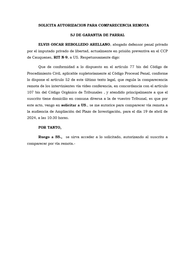 SOLICITA AUTORIZACION PARA COMPARECENCIA REMOTA Parral | PDF