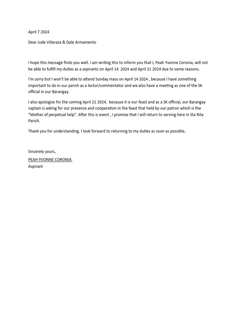 Church Excuse Letter | PDF | Cooking, Food & Wine | Wellness