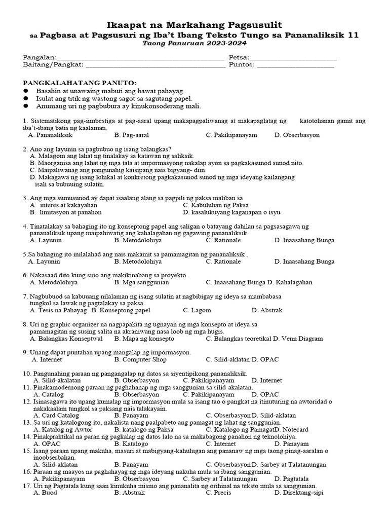 Ikaapatna Markahang Pagsusulit Sa Pagbasa at P | PDF