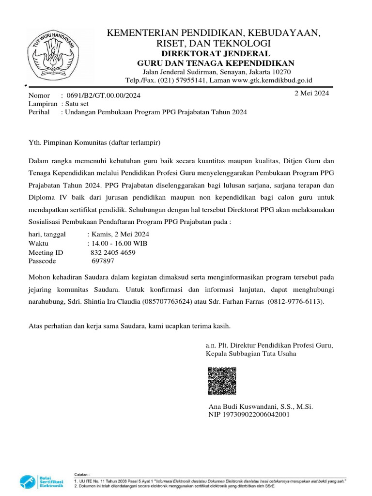 (Komunitas) Undangan Pembukaan Program PPG Prajabatan Tahun 2024 OKK | PDF