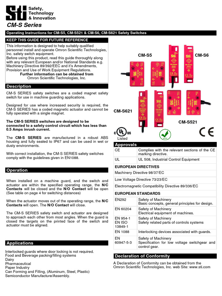 CM-S Series Safety Switch Overview | PDF | Switch | Actuator