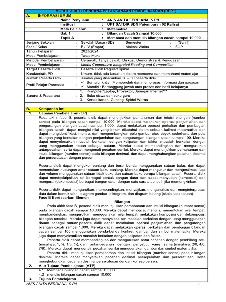 RPP MTK KLS Iv SMS 1 | PDF