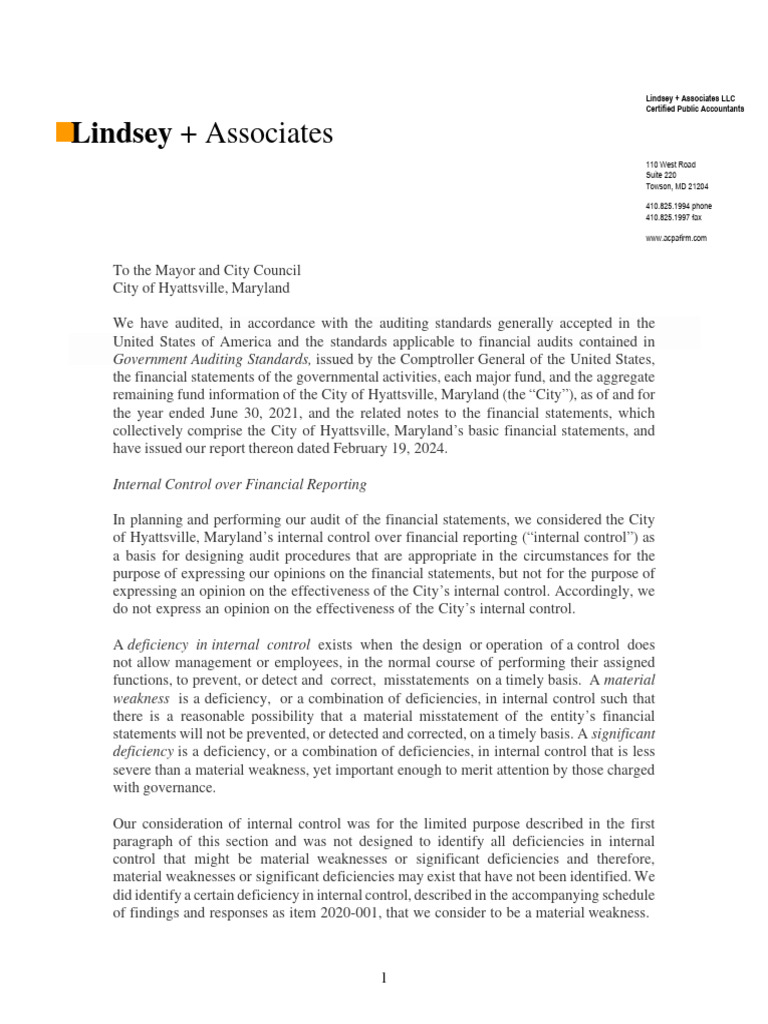 City of Hyattsville Report On Internal Control Over Financial Reporting ...
