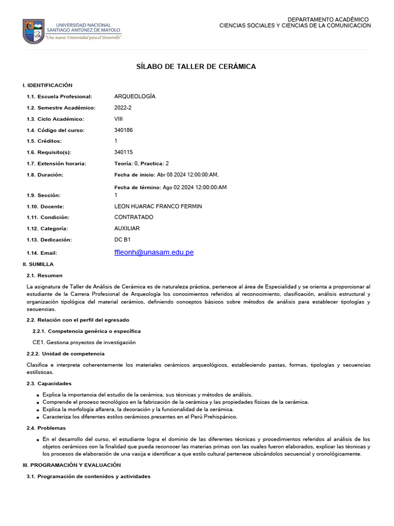 Silabo - TALLER DE CERÁMICA - 2024 | PDF | cerámica | Cerámica Silabo - TALLER DE CERÁMICA - 2024 | PDF | cerámica | Cerámica