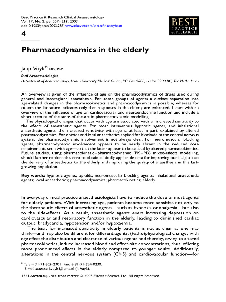 Pharmacodynamic in The Elderly | PDF | Receptor Antagonist | Anesthesia