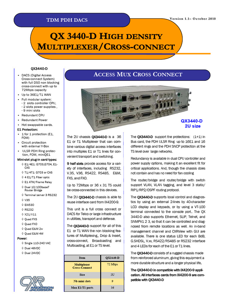 QX3440-D Multiplexer: 36 E1/T1 DACS | PDF | Signaling ...