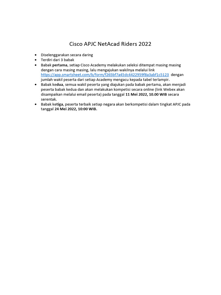 Cisco APJC NetAcad Riders 2022 Tabel Peserta | PDF