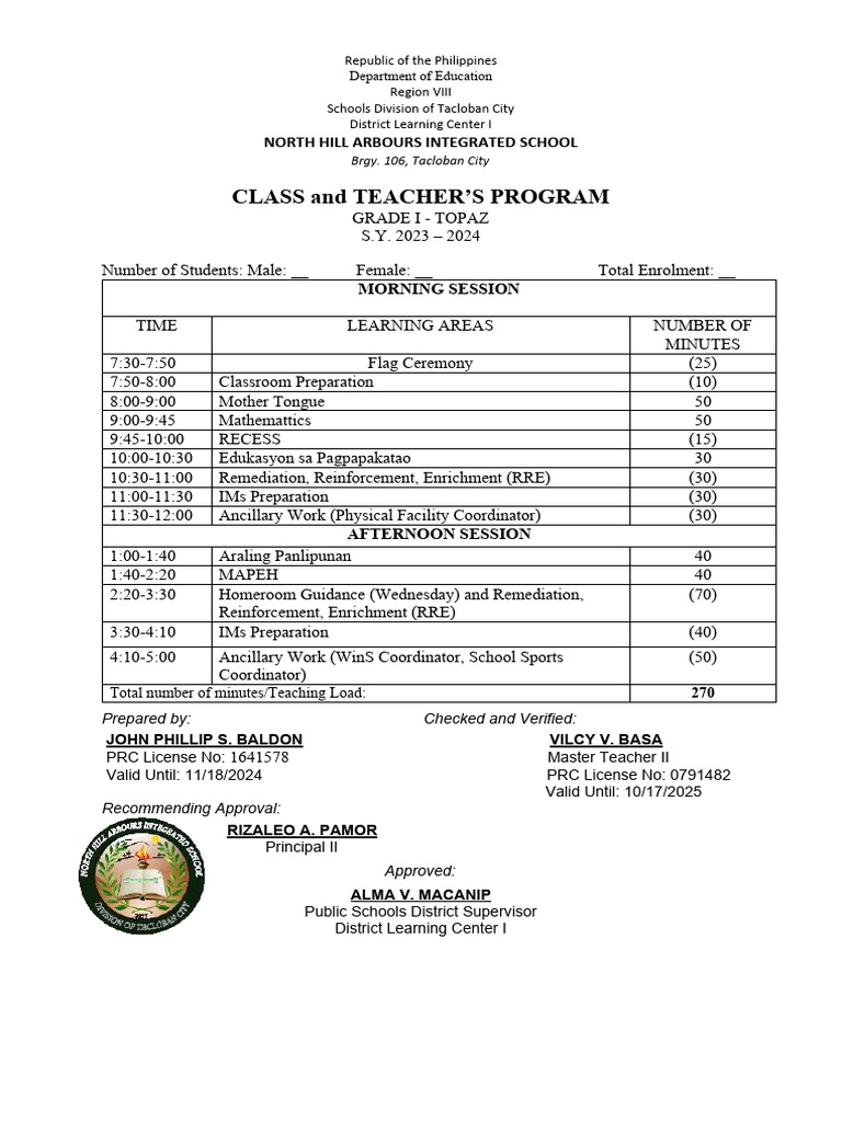 Grade I Topaz Class Schedule 2023-2024 | PDF | Learning | Teaching